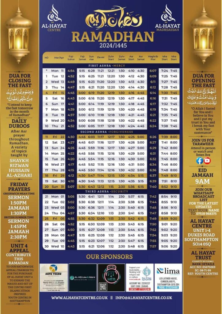 Ramadhan 2024 Timetable – Al Hayat Centre